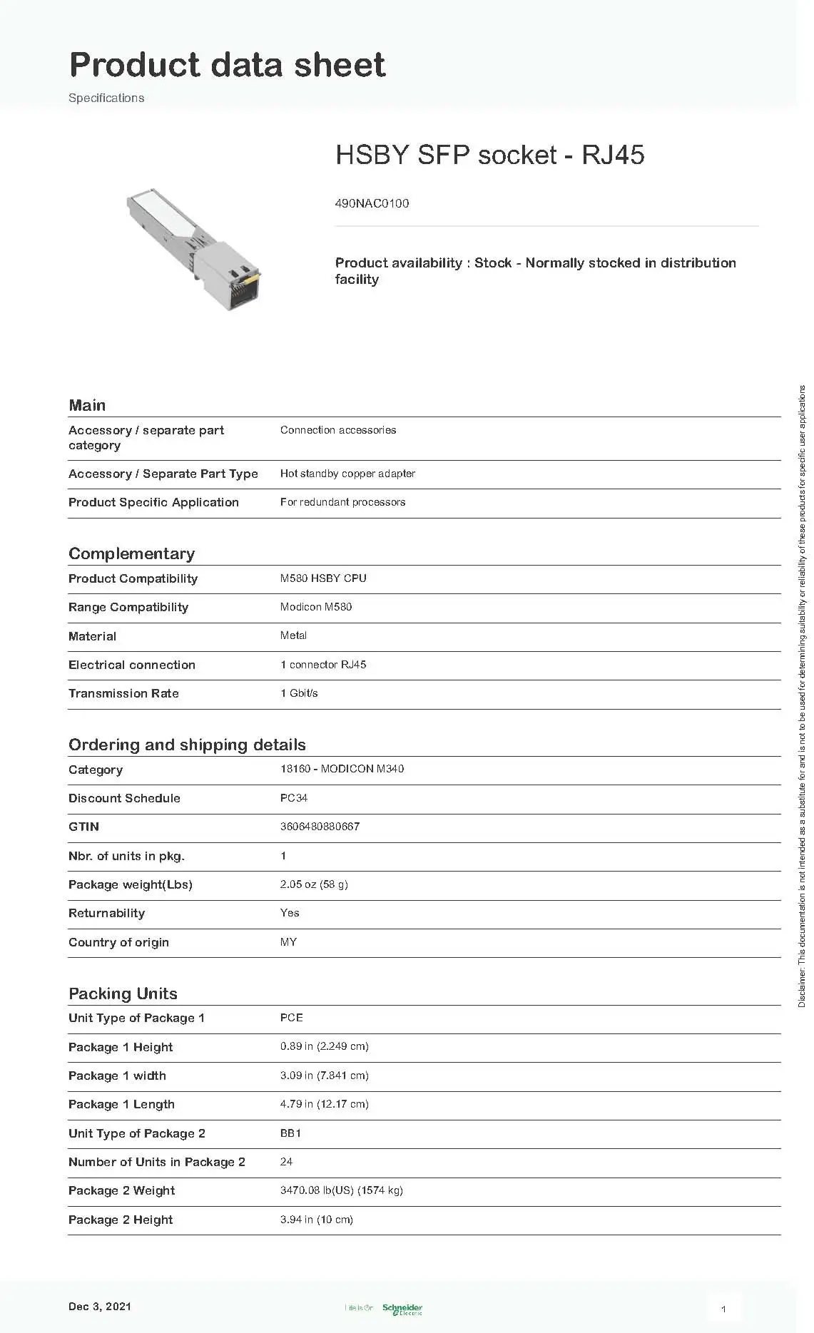 490NAC0100 PLC Module - Hot Standby Copper Adapter for M580