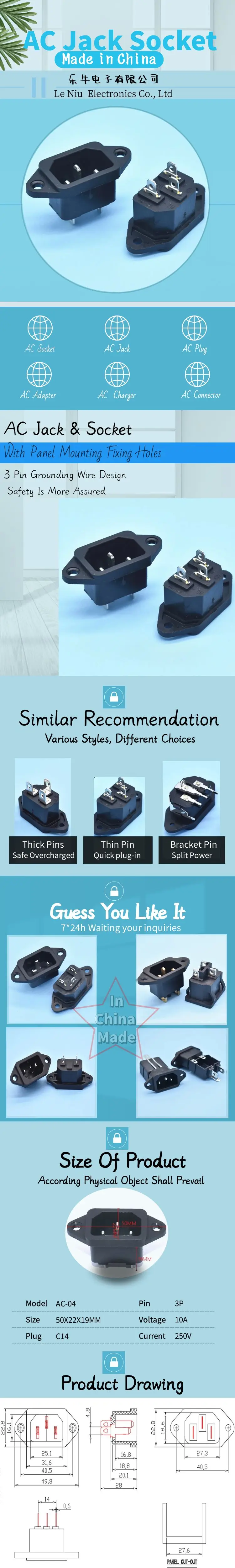 Iec 320 C14 Waterproof Female Connector Jack & Plug For Electrical ...