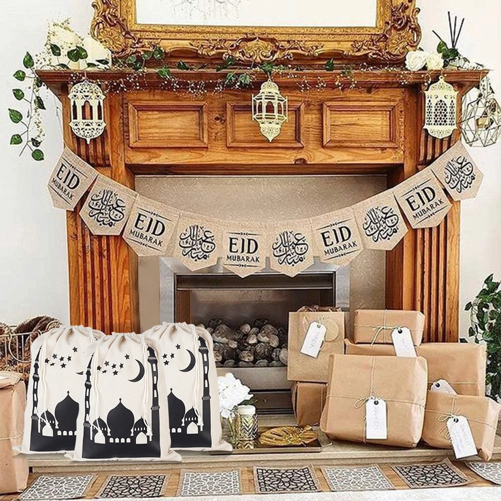 Pafu Ramadan Eid Mubarak Linen Drawstring Jute Large Burlap Pouch Bags ...