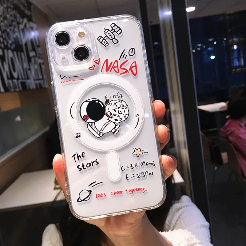 Wireless Charger Cartoon Astronaut Clear Space Phone Case For Iphone ...