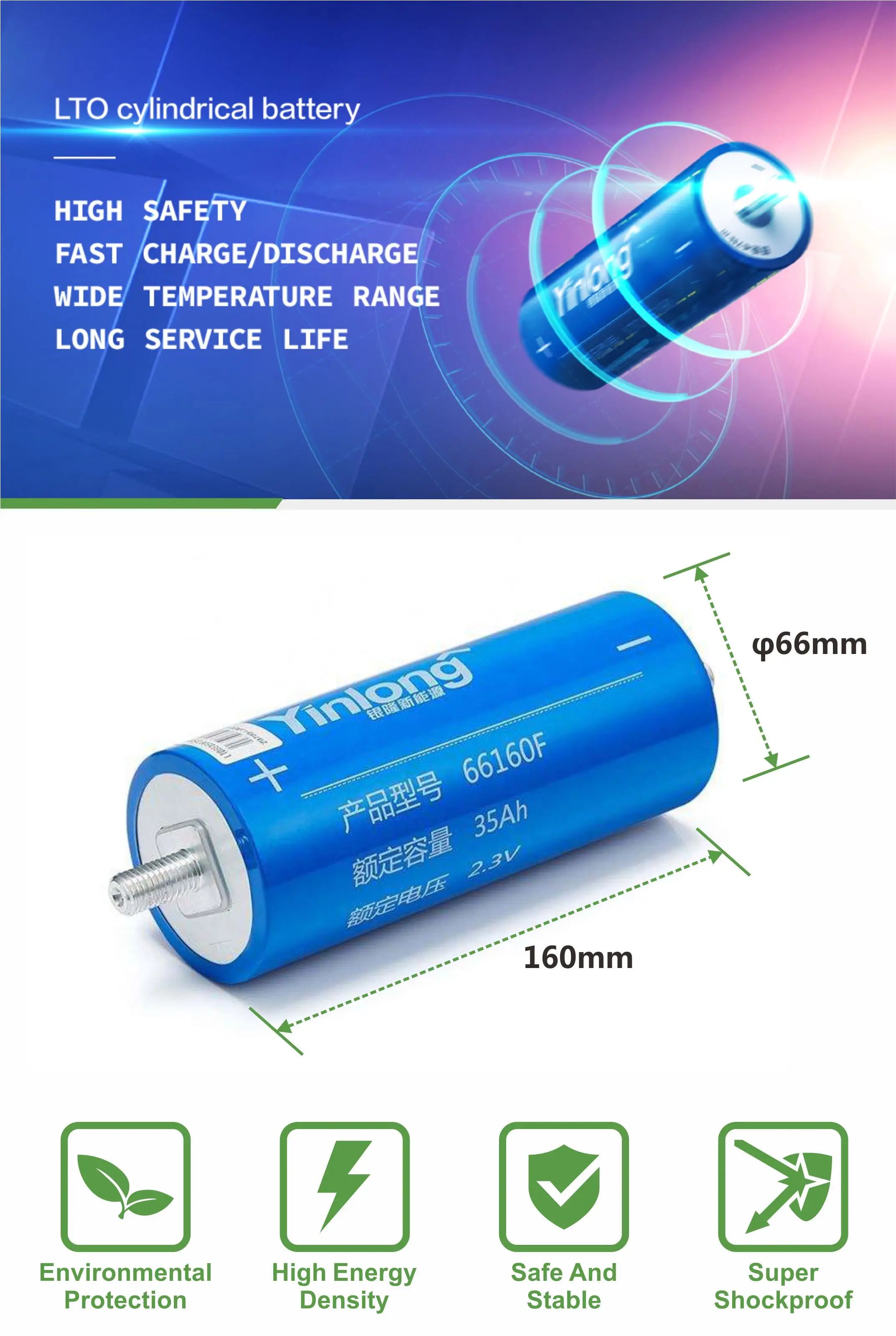 Neexgent Deed Cycle Lto Lithium Tianate Battery Yinlong 66160 2.3v 35ah ...