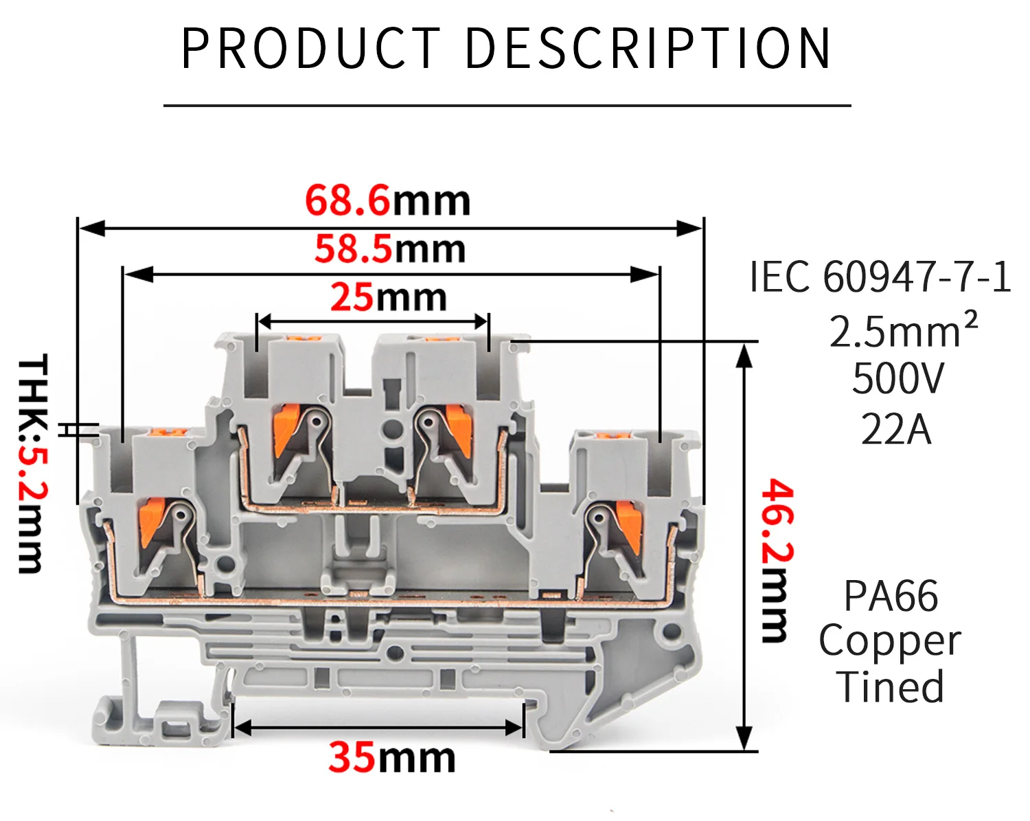 CHFRPU PTTB2.5 2.5mm2 DIN Rail Plug-in 2-ply Spring Terminal Block DC24/220v Positive Conducting ...