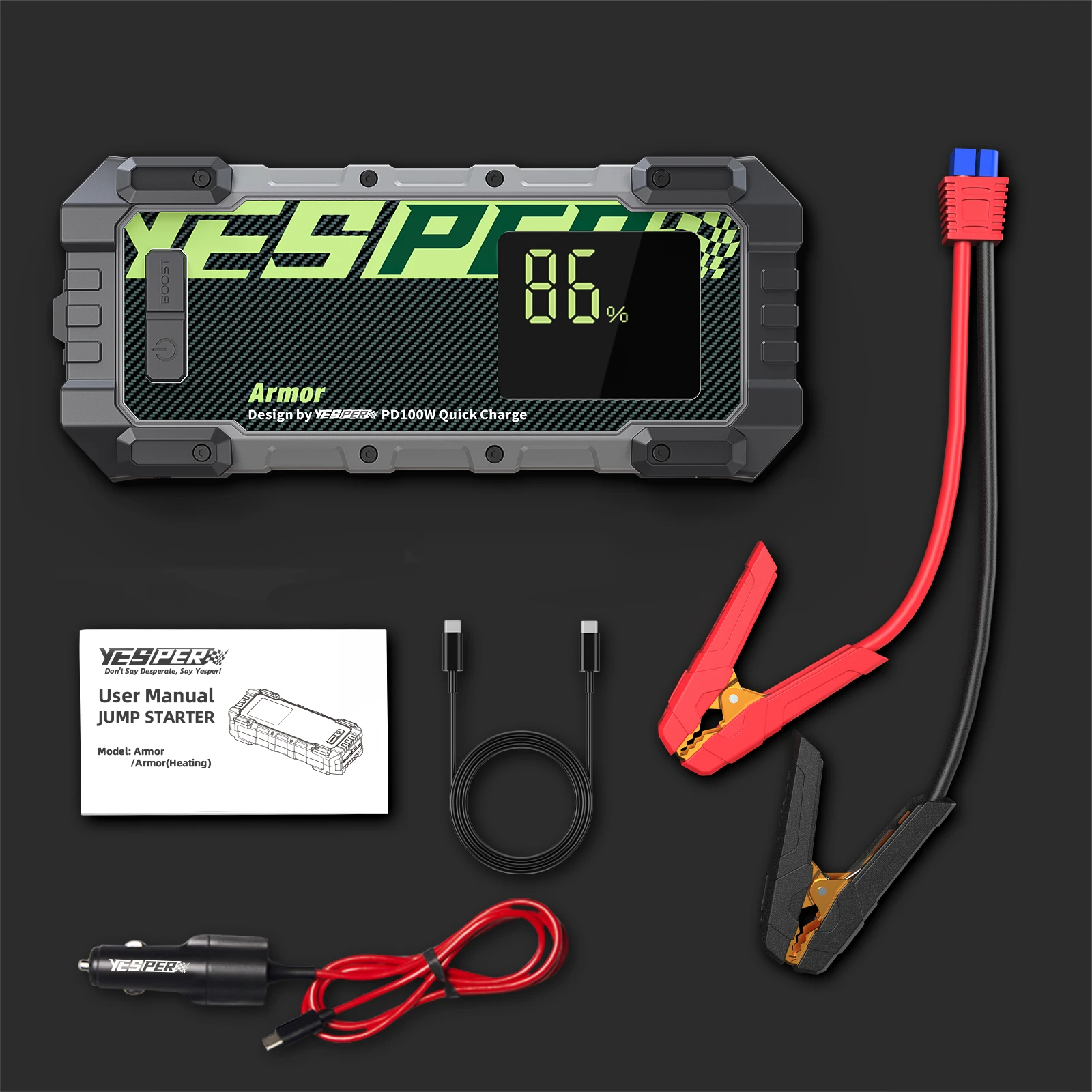 Yesper Armor Portable Jump Starter 3000A Peak Current, 20000mAh Battery ...