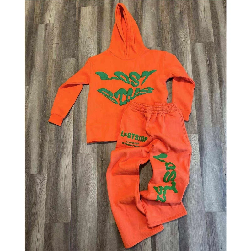 Custom High Quality 2 Piece Sweatsuit 3d Puff Printing Crop Raw Hem ...