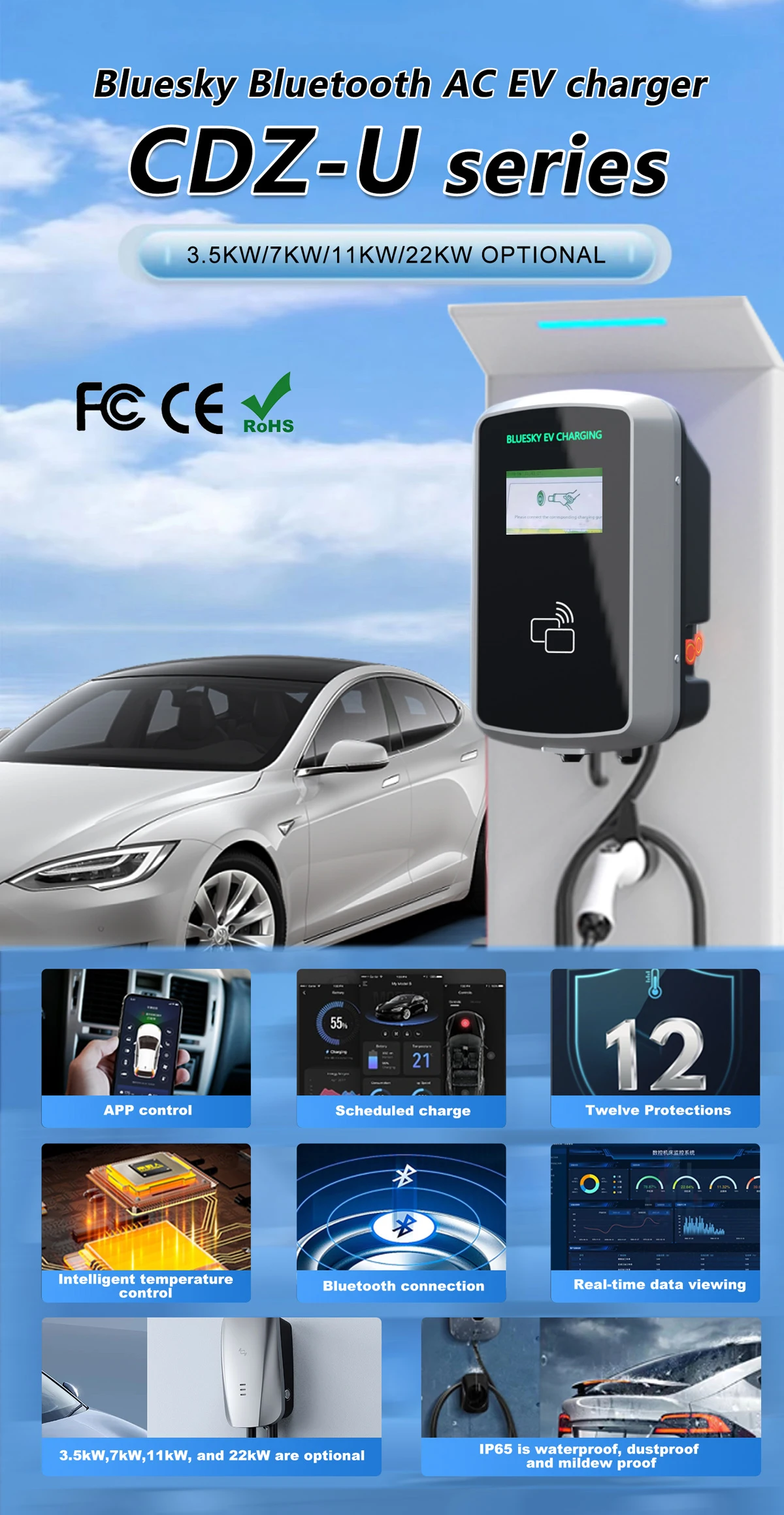 Bluesky Smart Electric Car Charging Station Pole Ocpp Evse Wallbox ...