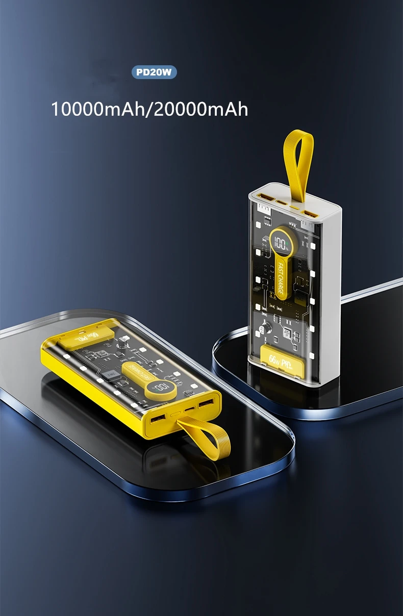 66w Transparent Power Bank 20000mah Built-in Cable Led Display Usb-c ...