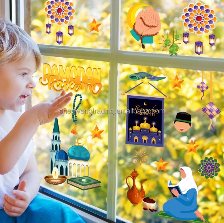 20x30cm 8 Sheets Ramadan Kareem Window Stickers Lantern Moon Window ...