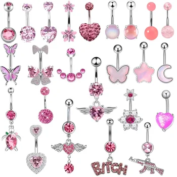 New Arrival Navel Button Rings Set Pink Crystal Belly Ring Stainless ...