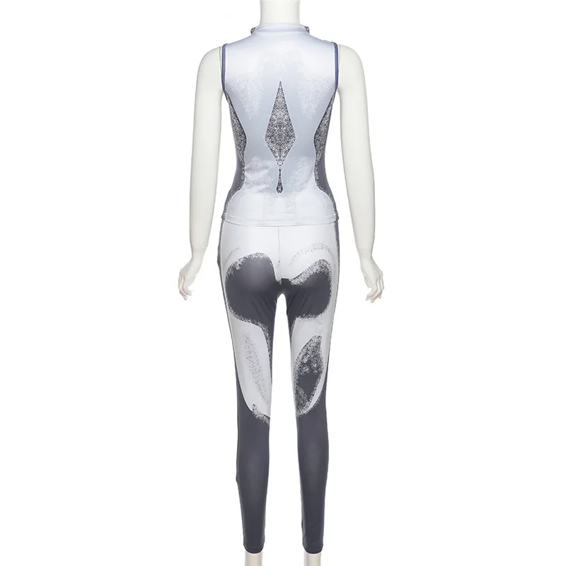 Sexy 3D Body Print 2 Piece Set Women Concise Sleeveless Two Pieces ...
