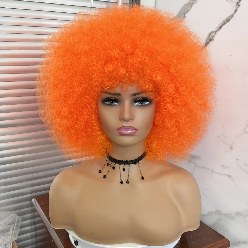 Short Hair Afro Kinky Curly Wigs With Bangs For Black Women African Synthetic Ombre Glueless