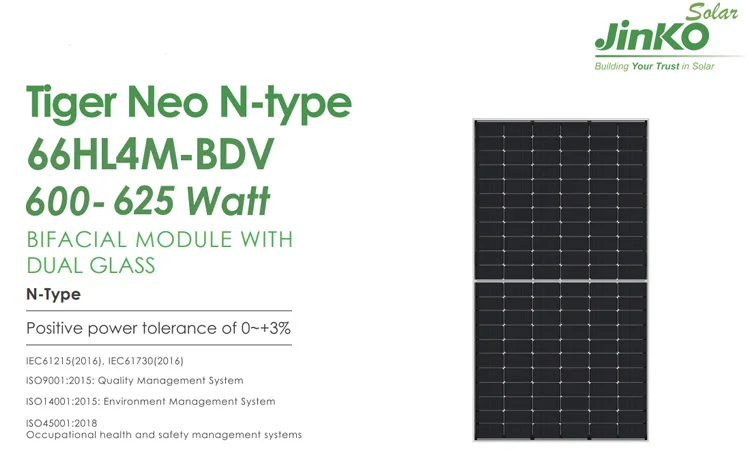 Jinko Tiger Neo N-type 66hl4m-bdv 600-625 Watt Solar Panel 600w 605w 610w 615w 620w 625w Half ...