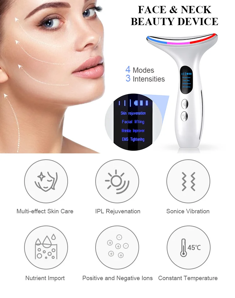 3 Color Lights Led Photon Face And Neck Lifting Massager Ems Vibration ...