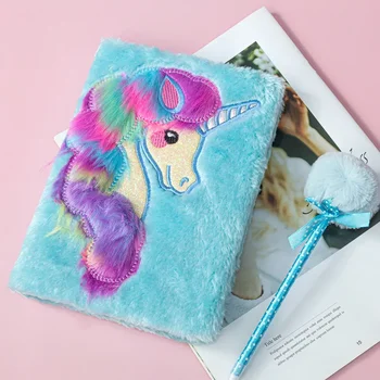 Custom Fluffy Plush Cover Book Children Notebook School Supply Unicorn ...