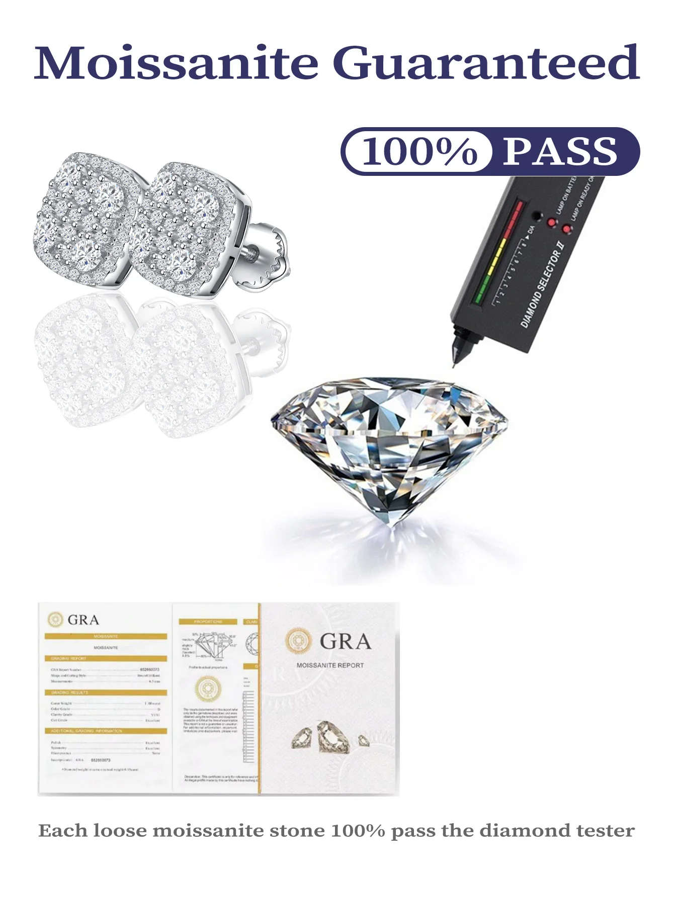 High Quality Hip Hop Jewelry Moissanite S925 Earring Diamond Earrings Vvs Moissanite Stud ...