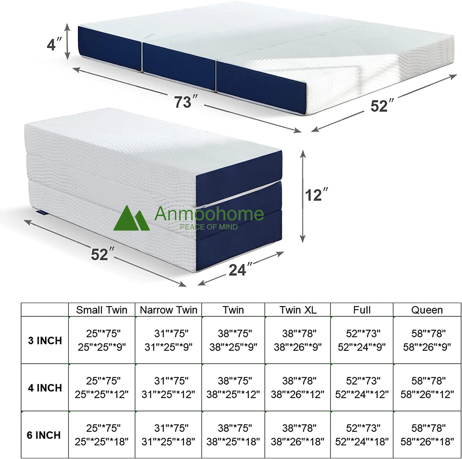 Blue And White Foldable Tri-fold Pad Mattress Removable Floor Mattress ...