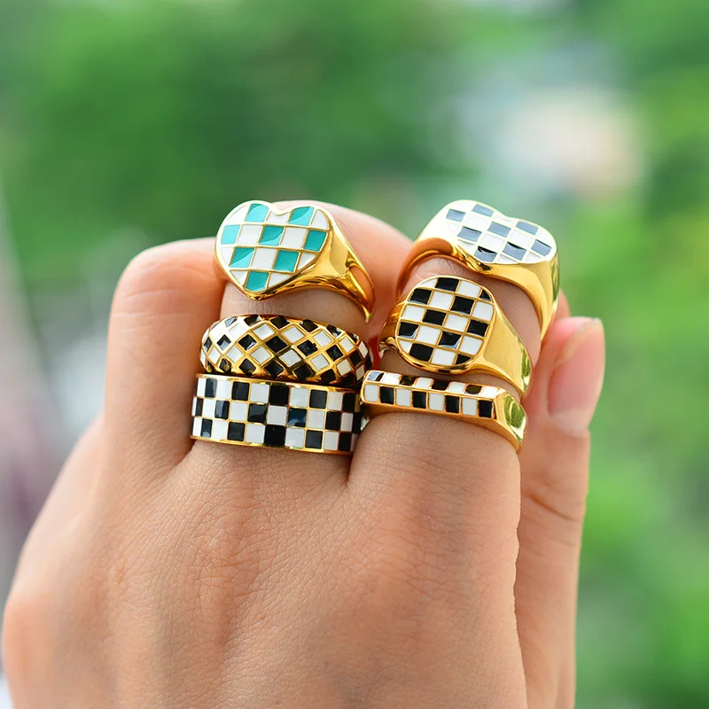Checker Heart Vintage Tarnish Free Stainless Steel Ring Black And White Enamel Gold Checkered ...