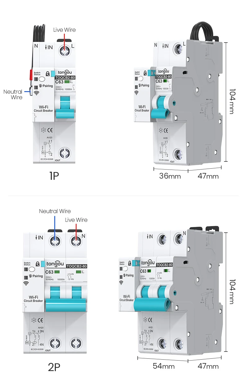 TONGOU API TO-QCB2 Smart Circuit Breaker - 63A, 2 Pole