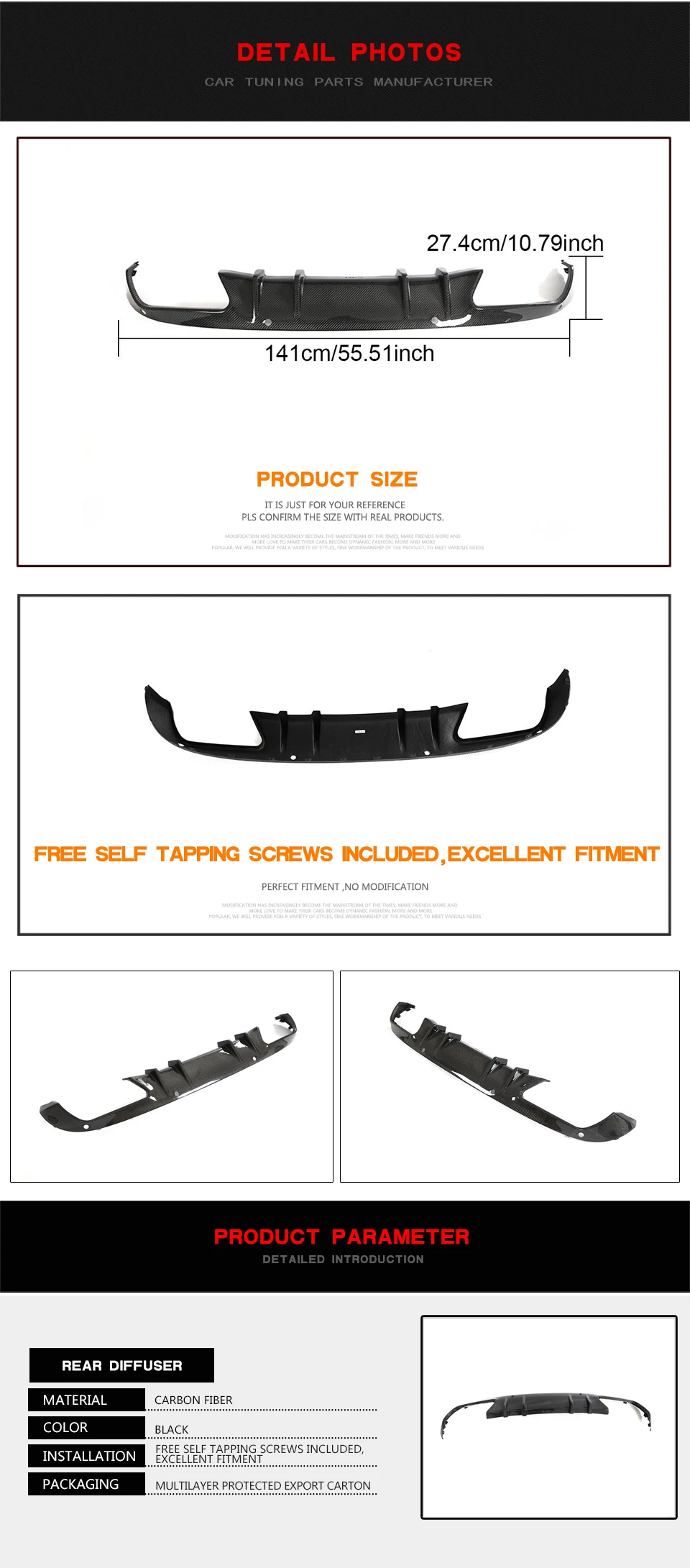 Carbon Fiber Rear Diffuser For Mercedes Benz C Class W205 4d 15-19 ...