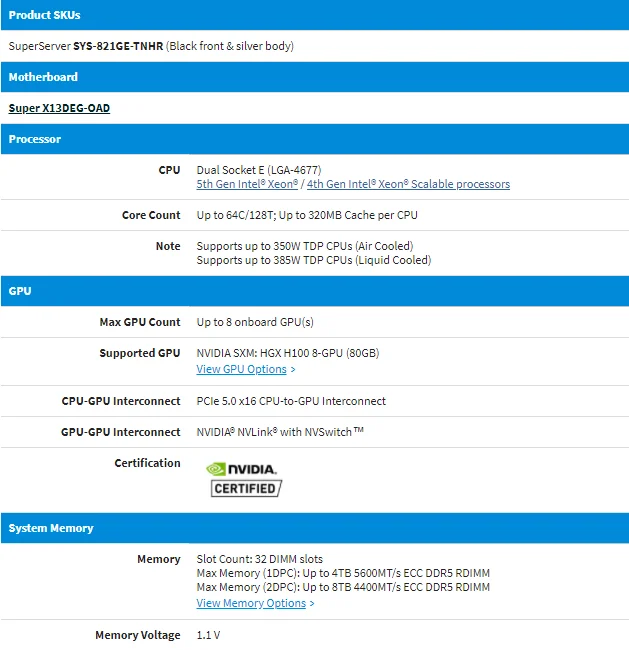 Sys-821ge-tnhr Gpu Superserver - 8u Hgx H100 8-gpu Sxm - 6x 3000w (4+2 ...