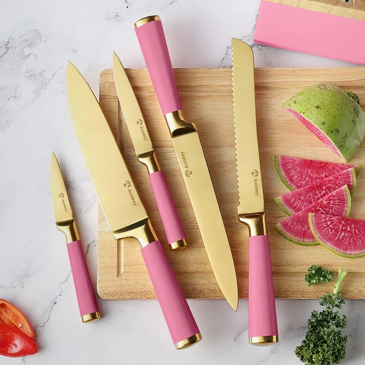 Sharp Durable Fashion Golden&pink Kitchen Knife Set With Self Sharpener ...