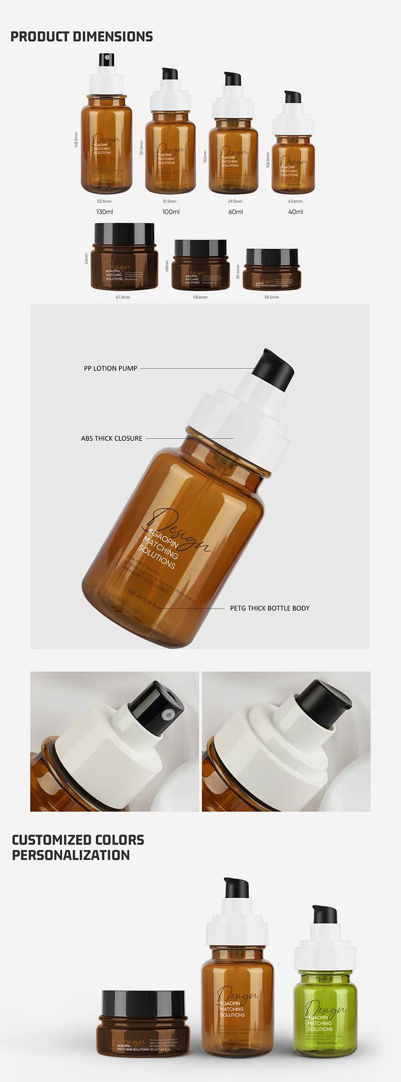 Gaopin Customized 40/60/100/130ml Amber Transparent Luxury Cosmetic Packaging Set Bottle Plastic ...