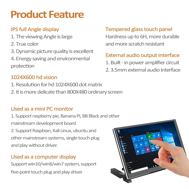 7 Inch Touch Screen IPS 1024x600 HD LCD for Raspberry Pi