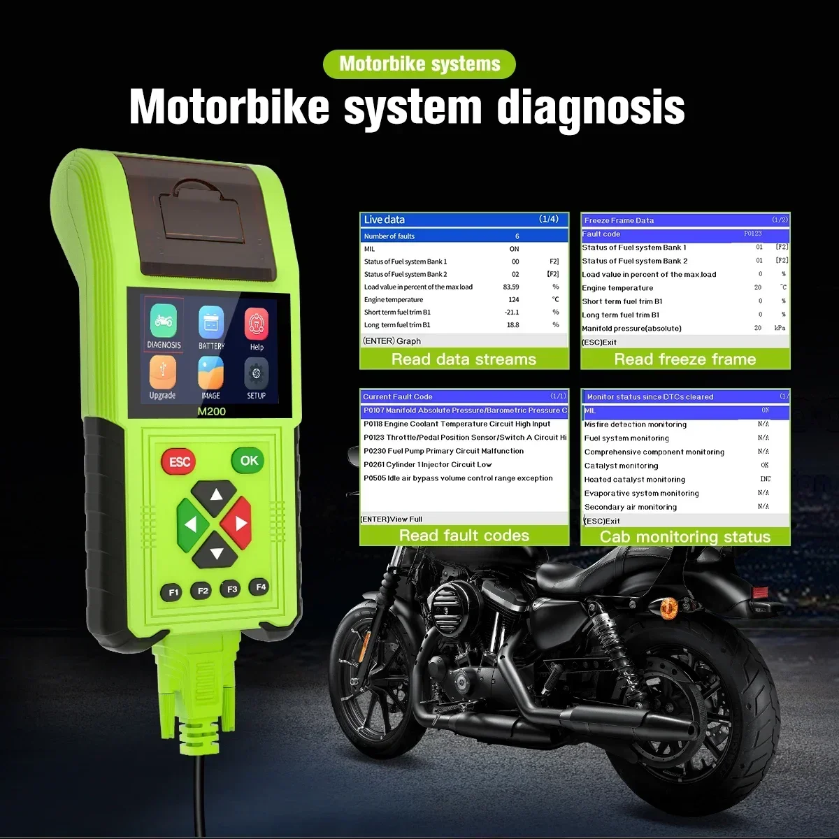 JDiag M200 Motorcycle Diagnostic Scanner OBD2 Moto Code Reader Real ...