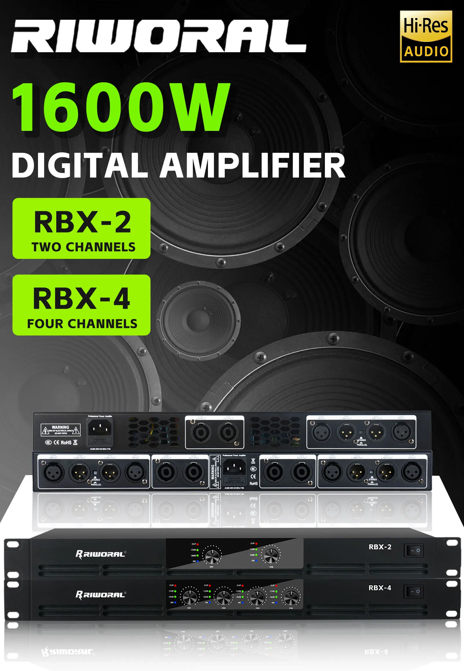 RBX-4 Riworal 4 Channel Class D 1600W Speaker Power Amplifier for ...