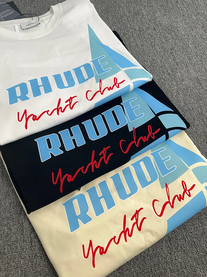 Rhude New High Street American Summer Sailing Slogan Logo Print Retro ...