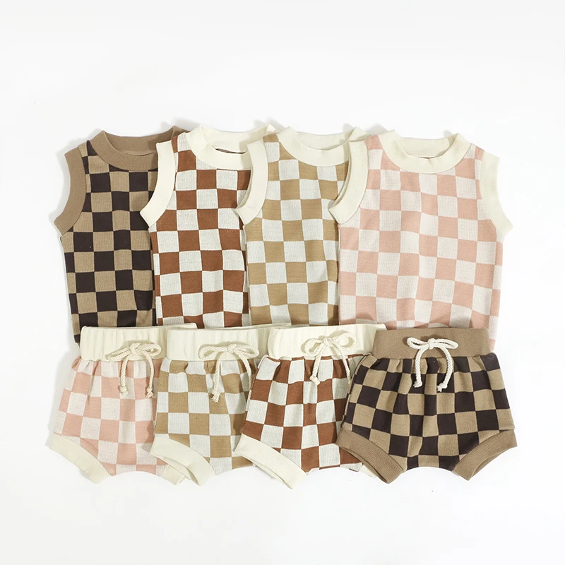 New Arrival Girls Sleeveless Kids Two Pieces Checker Design Toddler ...