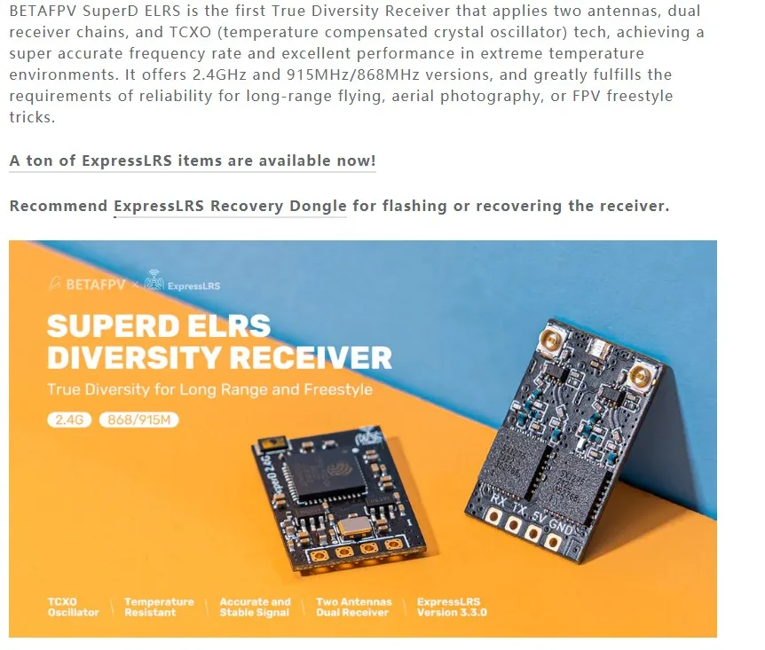 Betafpv Superd Diversity Receiver Elrs 868mhz Long Range Traverse ...