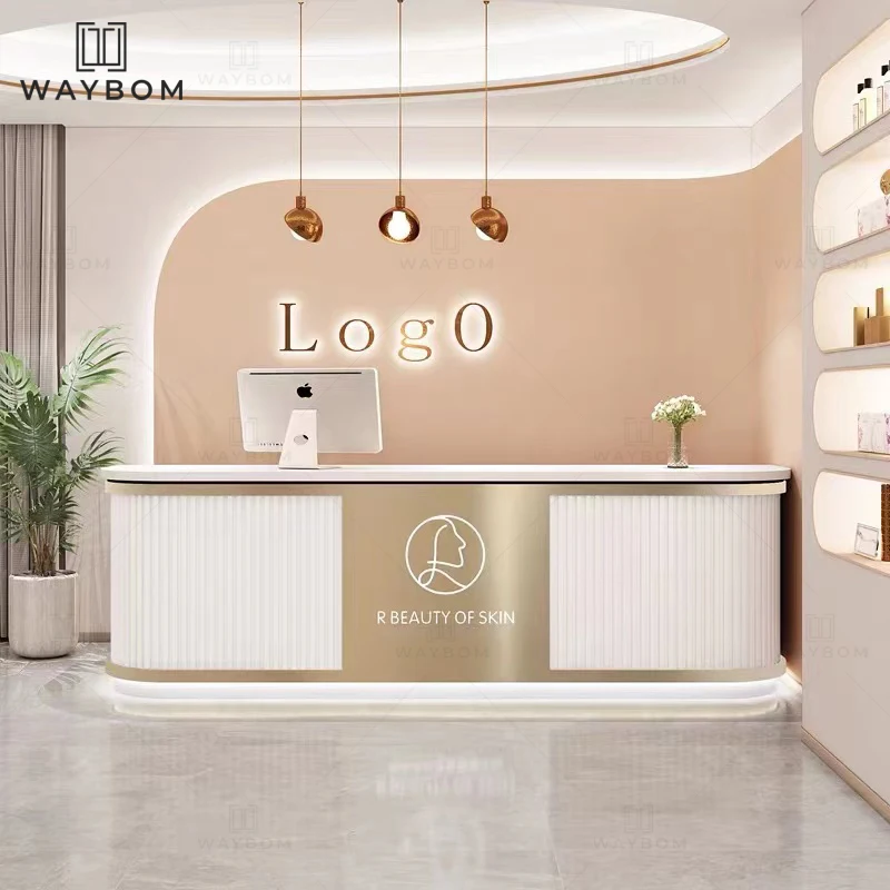 Light Luxury White Restaurant Reception Desk Gold Salon Shop Cashier ...