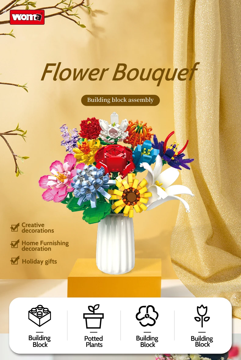Woma Toys 12 In 1 Bricks Flower Bouquet Kids Construction Set Diy Mini ...