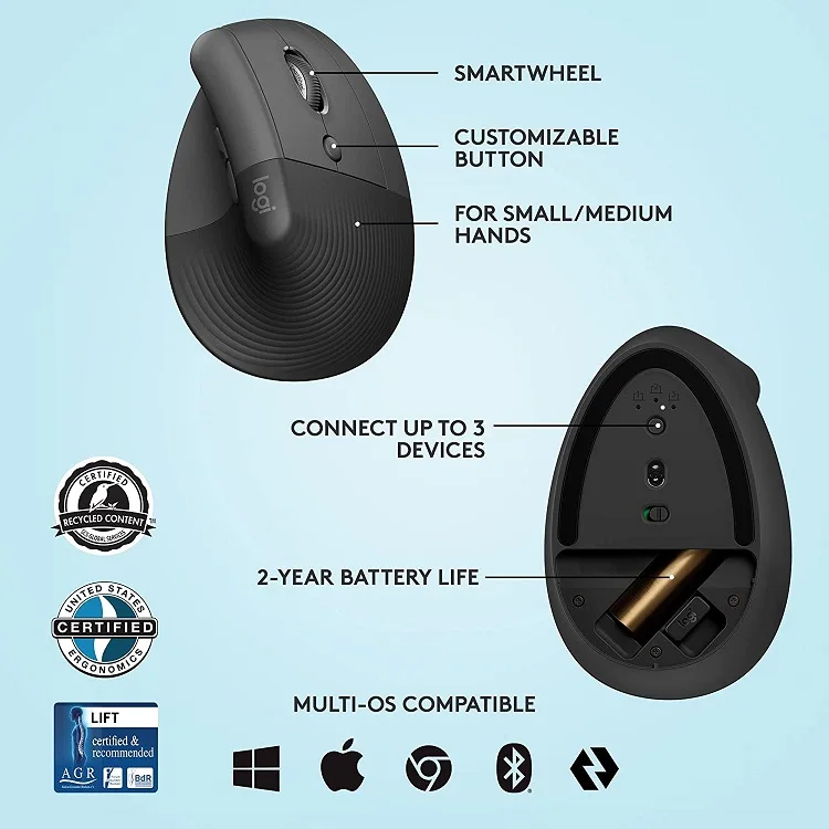 Logitech Lift Vertical Ergonomic Mouse - Right-Handed Wireless