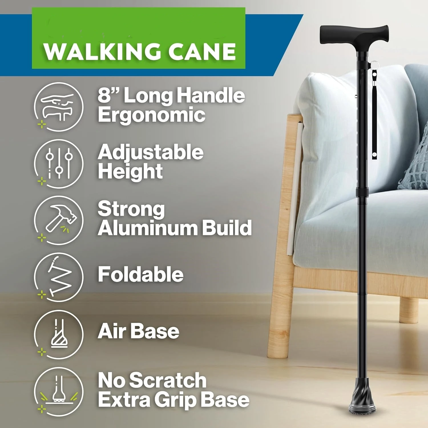 Rolator Tip Foldable Walking Cane Adjustable Walking Stick Lightweight ...