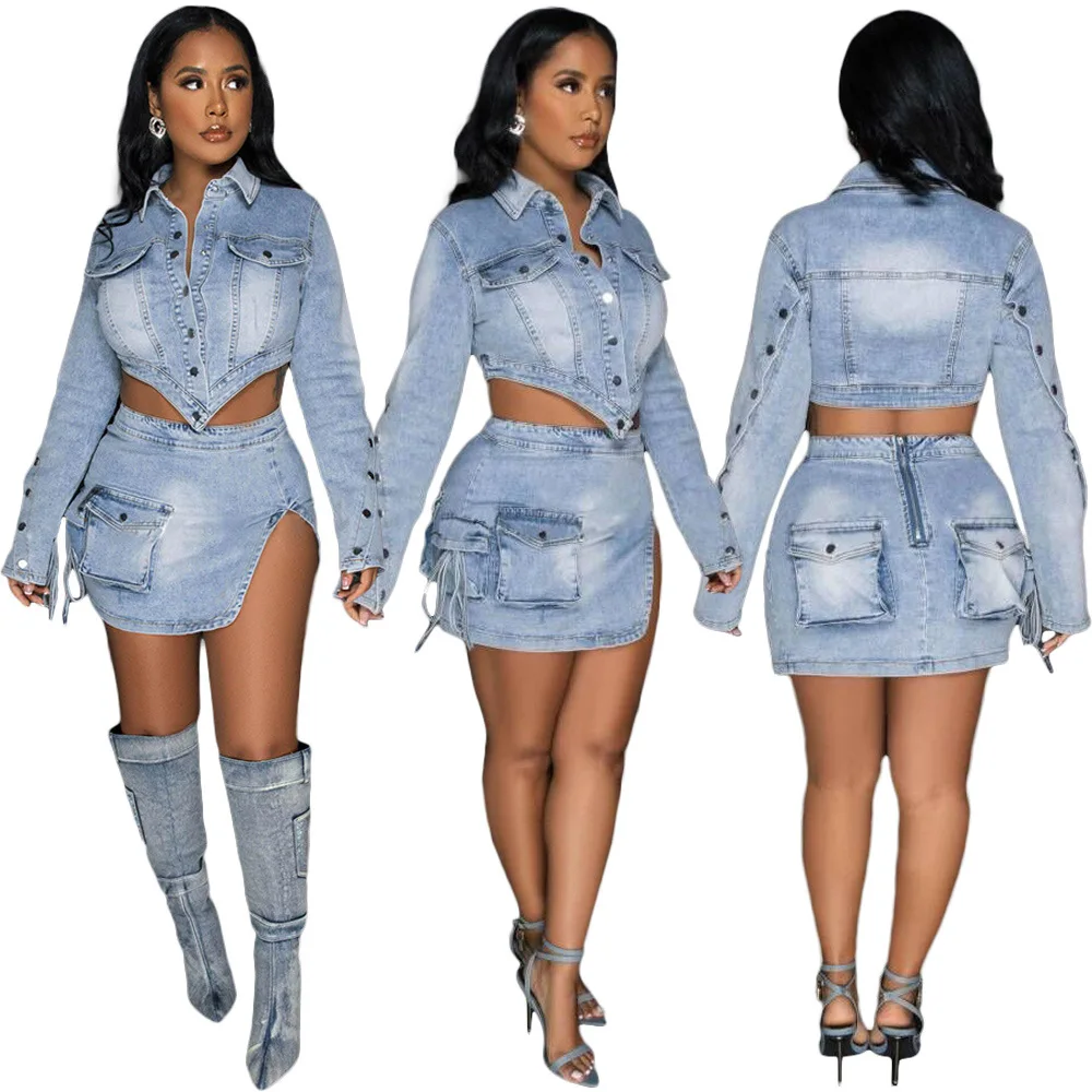 Crop Top Denim Jacket 2 Piece Blue Jean Set Outfits Two Piece for Women ...