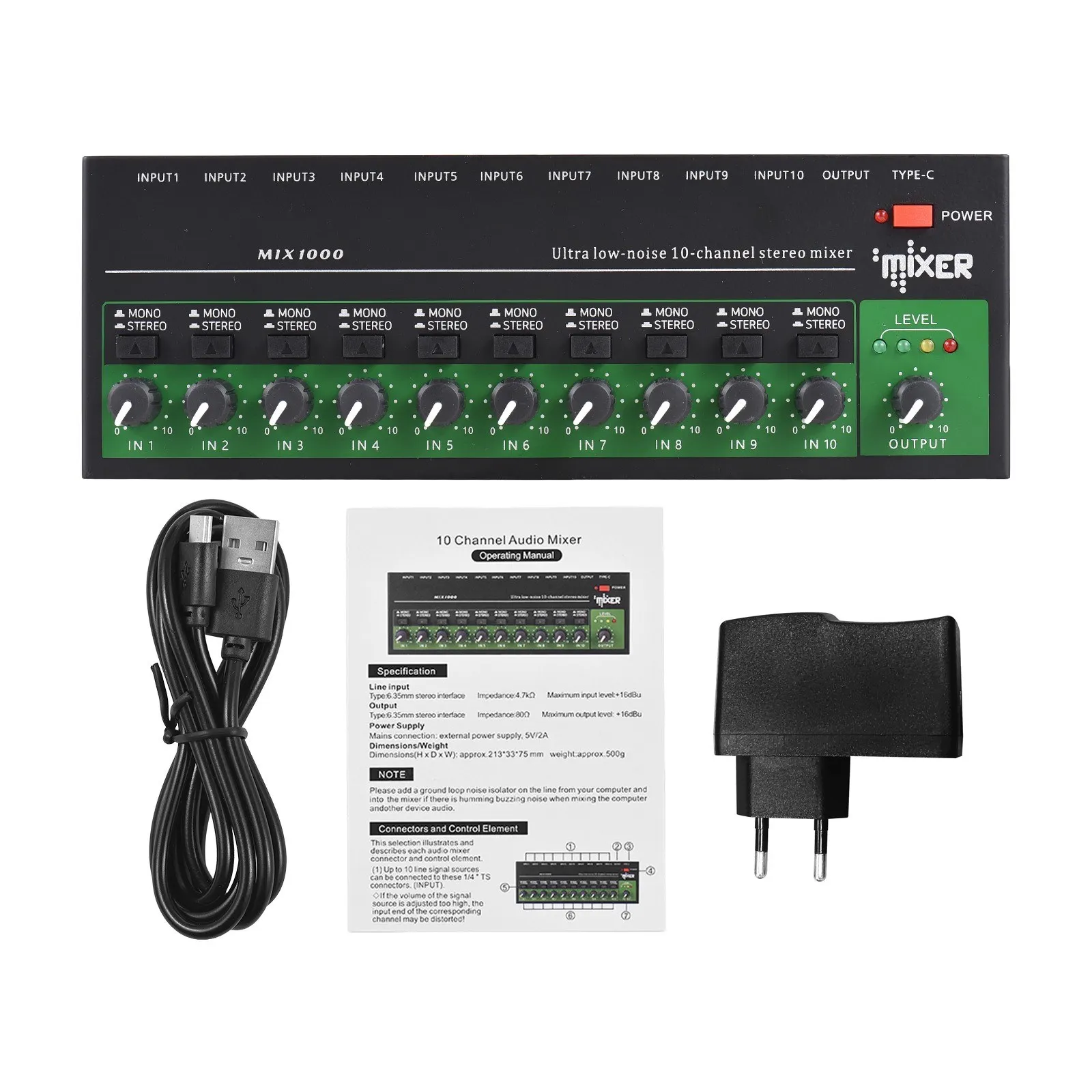 10-Channel Audio Stereo Mono Line Mixer 6.35mm TRS/TS Input Type-C ...