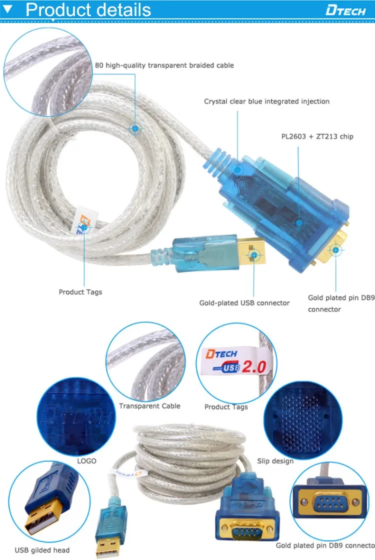 USB to 9 Pin RS232 Adapter Serial Computer Cable 0.5m 1m 1.2m 1.5m 2m ...