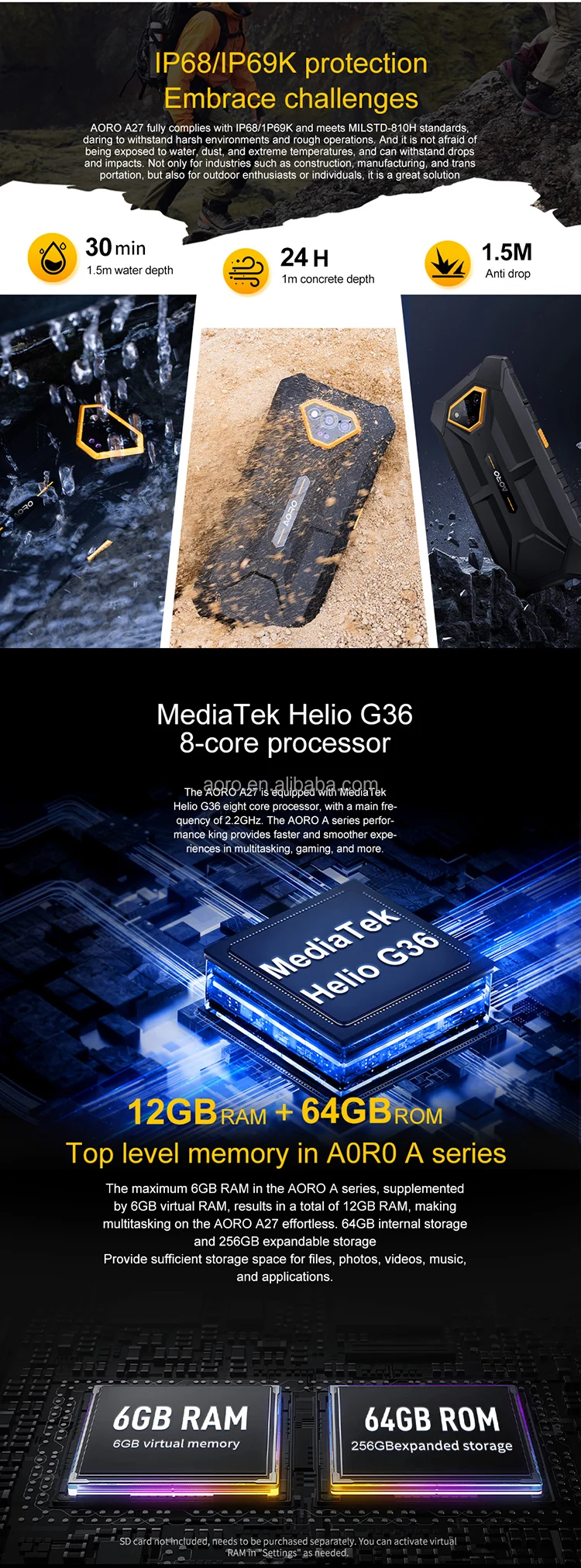 Aoro A27 Outdoor Android 13 POC Phones Mobile Android Ip68 Waterproof ...