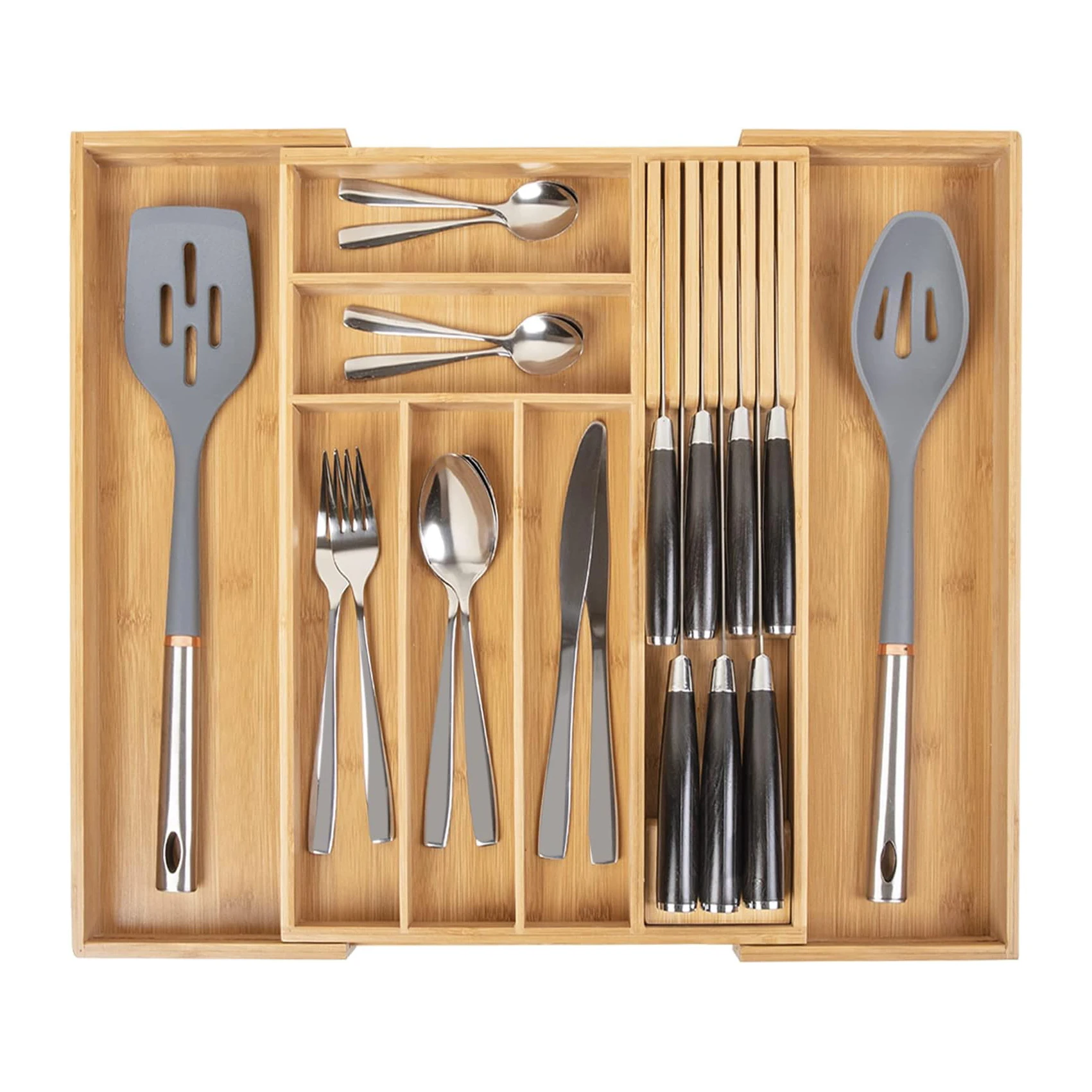 Bamboo Expandable Utensil Holder Silverware Organizer with Knife Block ...
