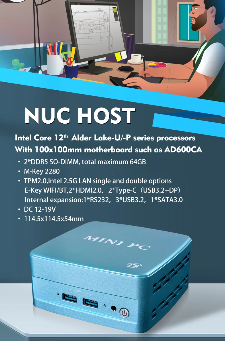 Wholesale Industrial Mini Pc 12th Gen Core I7 1260p Ddr5 Dual Lan 2hd-mi Full-featured Type-c ...