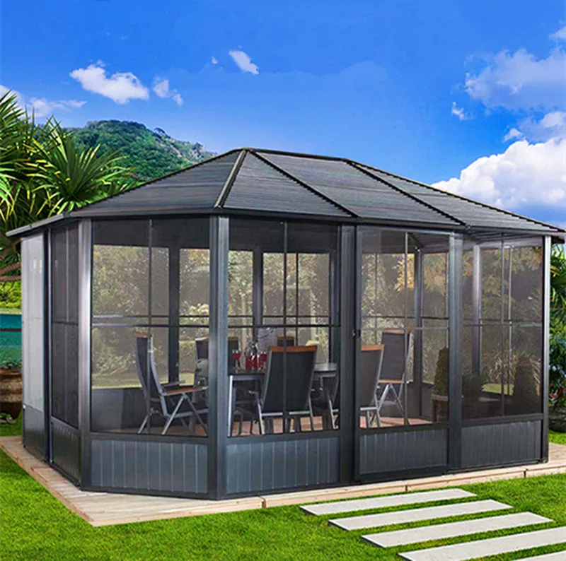 Luxury Outdoor Gazebo: Customized Wood Grain Aluminium Alloy Design