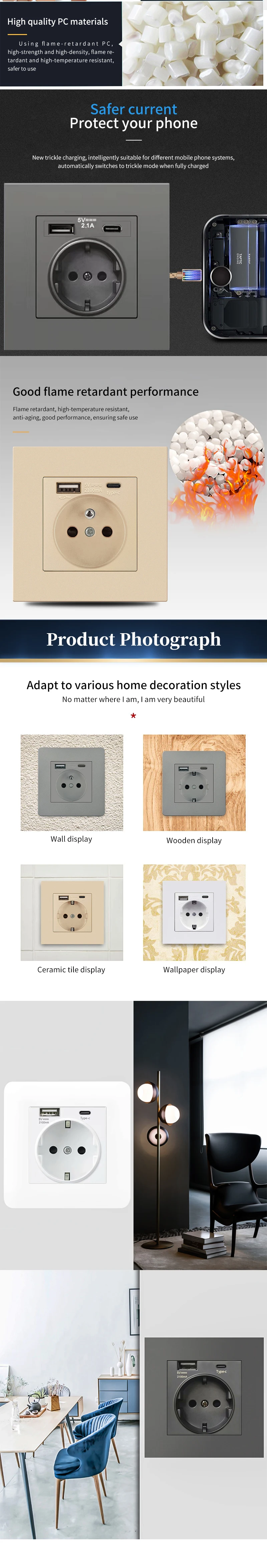 High Quality French German Switch Type C USB Socket