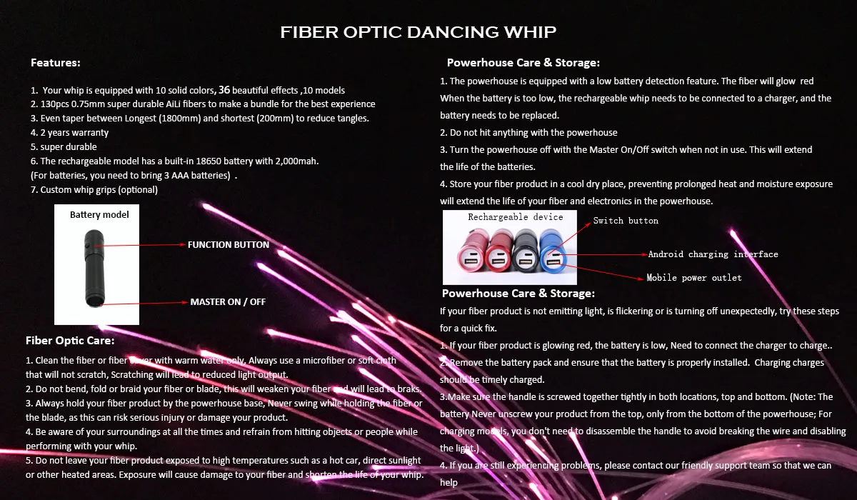 Fiber Optic Dancing Whip LED RGB 360 Swivel Twinkle Light