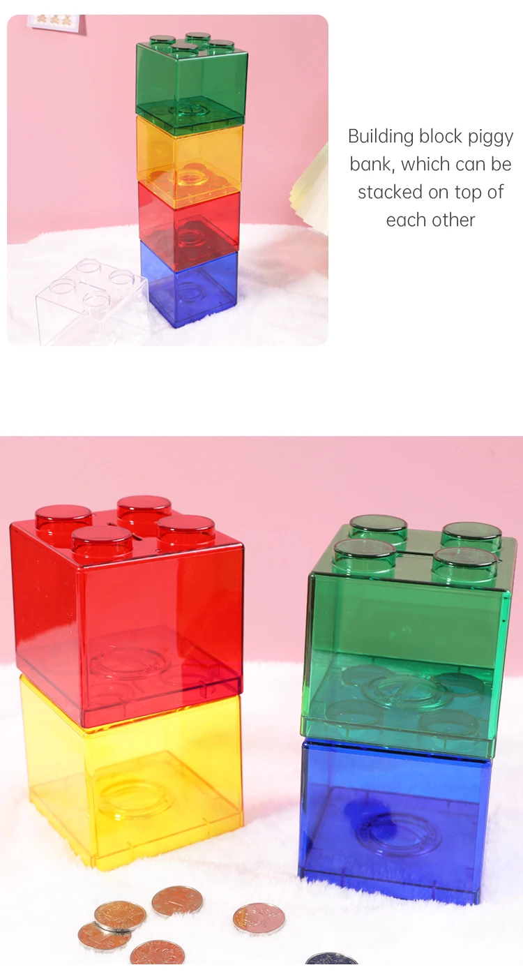 Kids Piggy Bank Plastic Square Building Brick Block Coin Cash Box ...