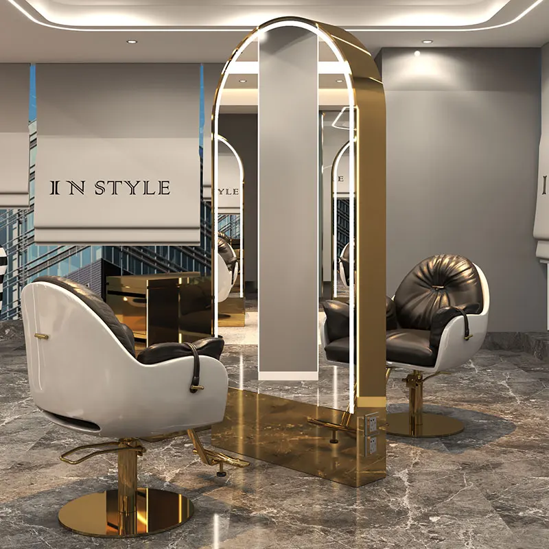 Modern Brass Stainless Steel Frame Double Sided Salon Station Led Light ...