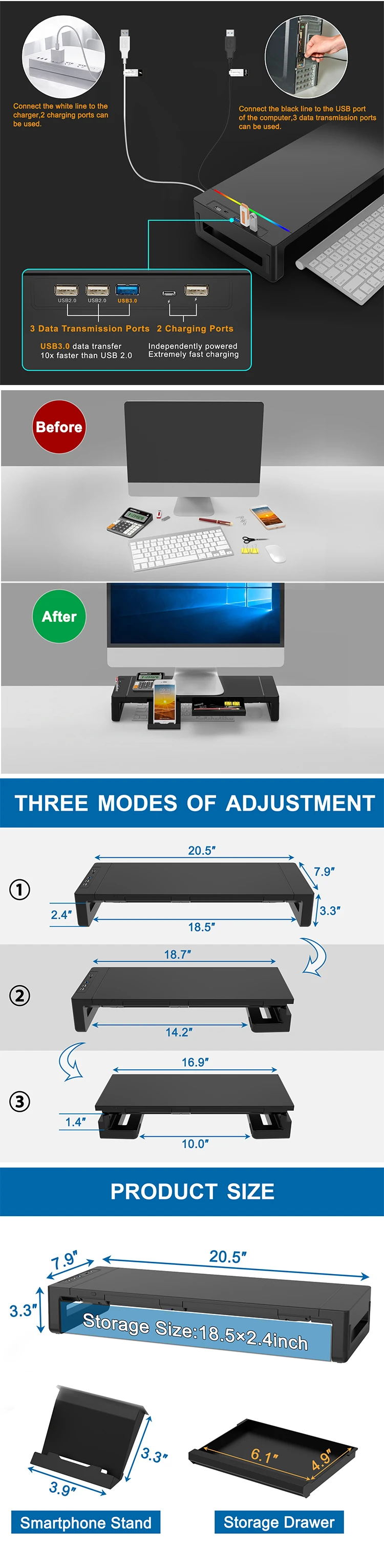 RGB Monitor Stand with USB Hub - Gaming & Office Essentials