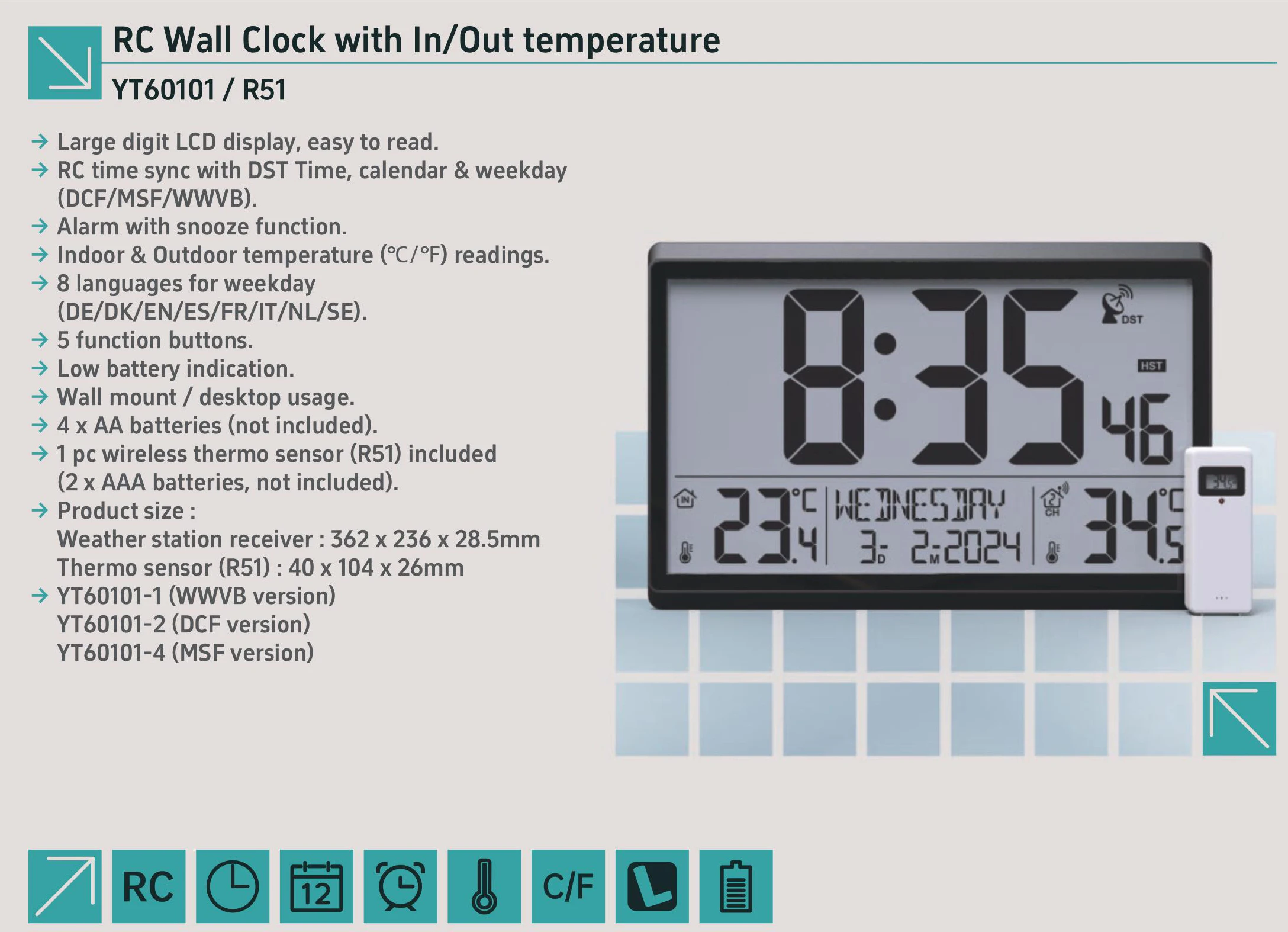 7 Languages Weekday RCC Atomic Jumbo LCD Digital Clock Wall Clock ...