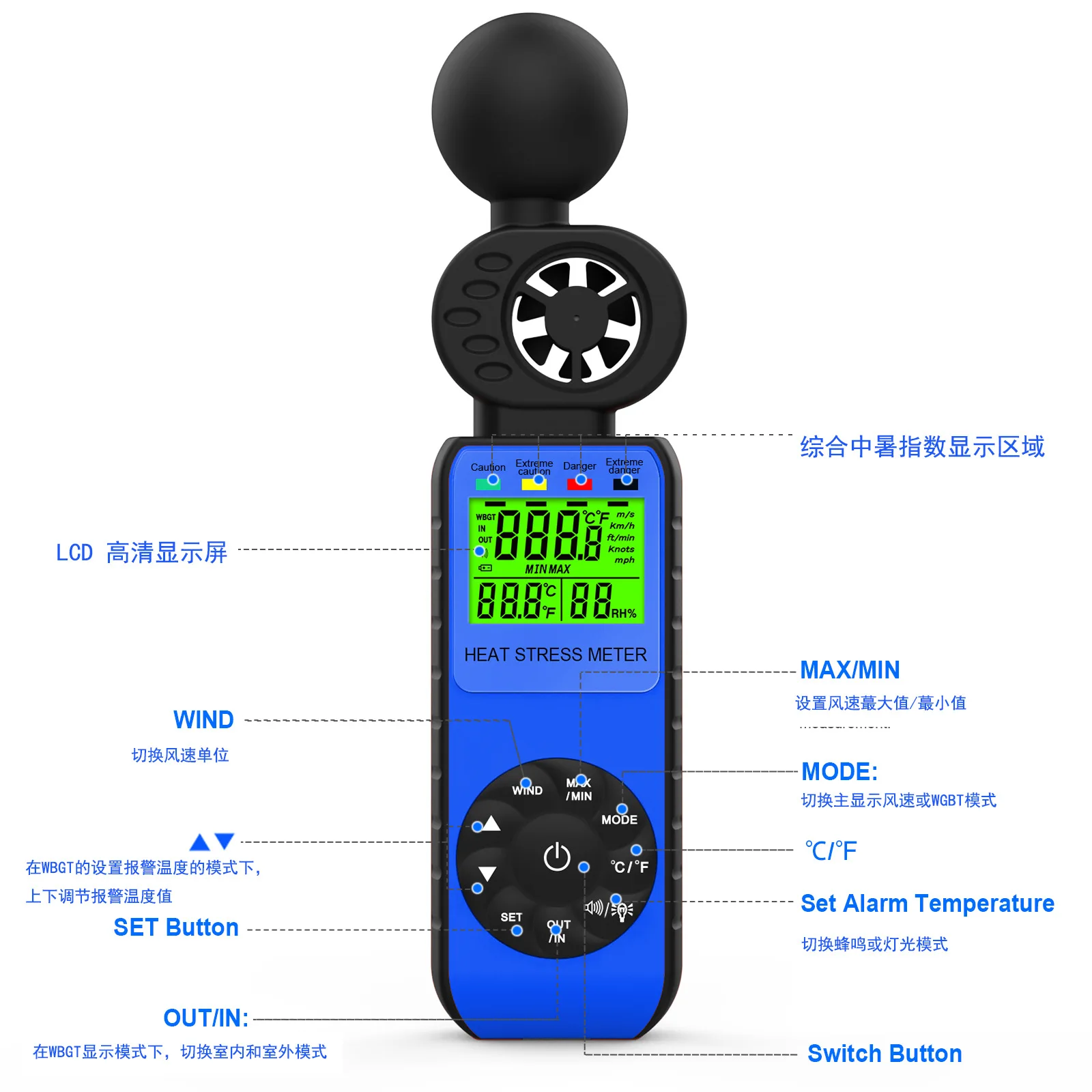 Heat Stress WBGT Meter Anemometer Wind Speed Gauges Temperature Humidity for Outdoor Worker Iron ...