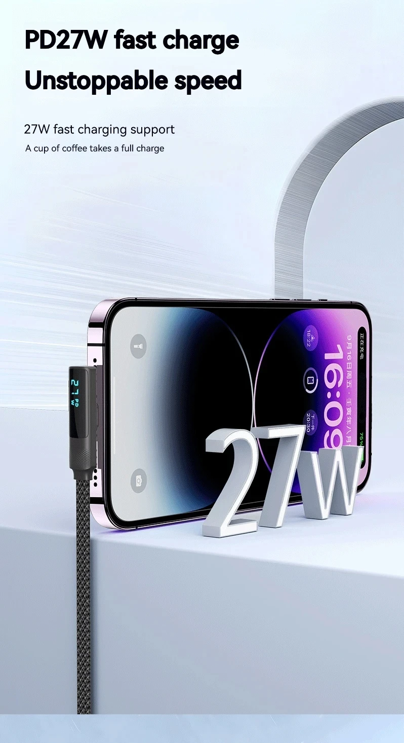 PD100W USB C Cable Lighting 27W Fast Charging Type C Cable for iPhone 15 Digital Display Data ...
